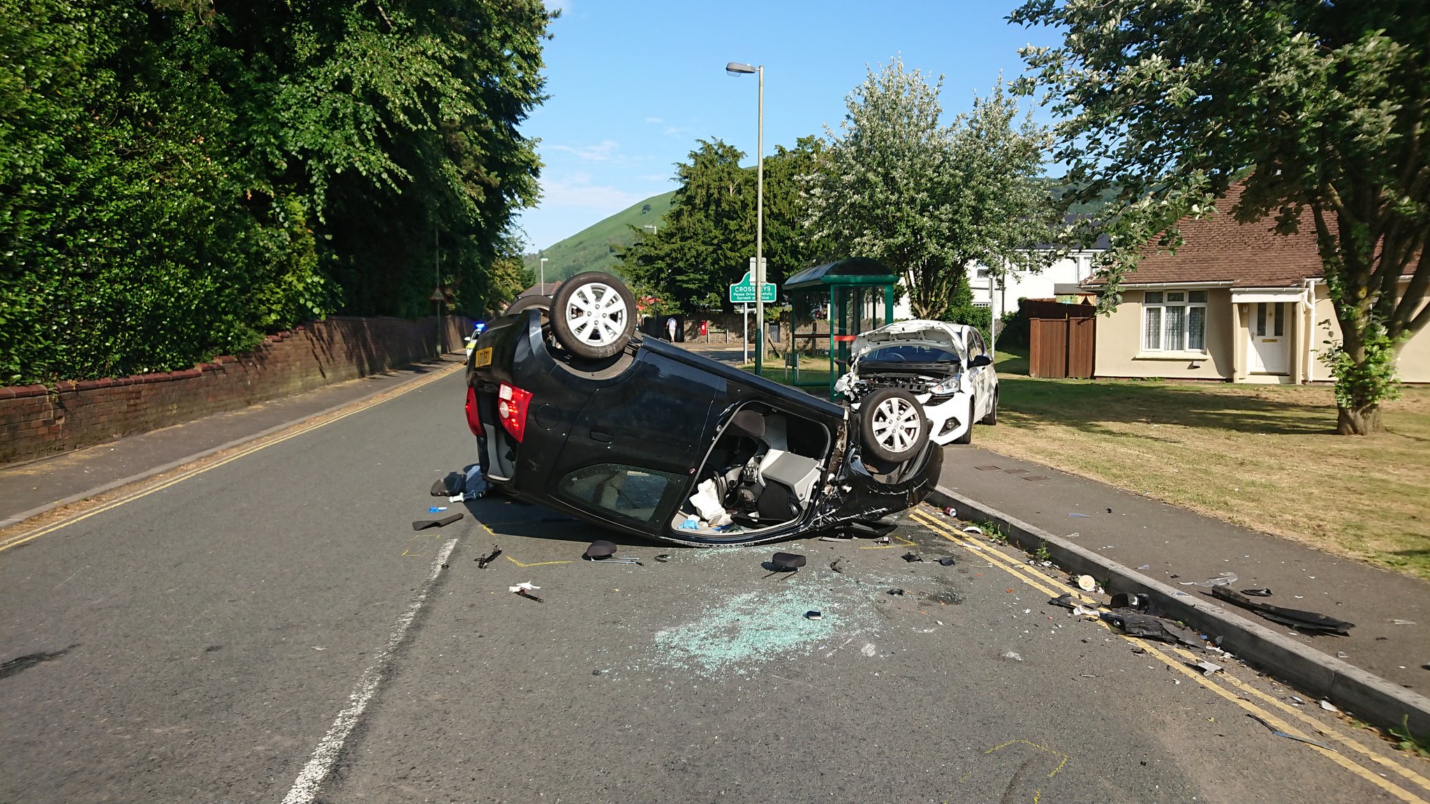 Overturned car causes road closure in Risca