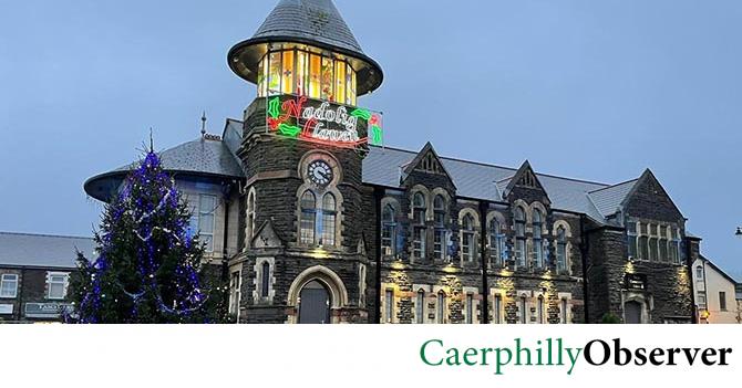 Drone footage reveals Caerphilly town's festive lights from up above